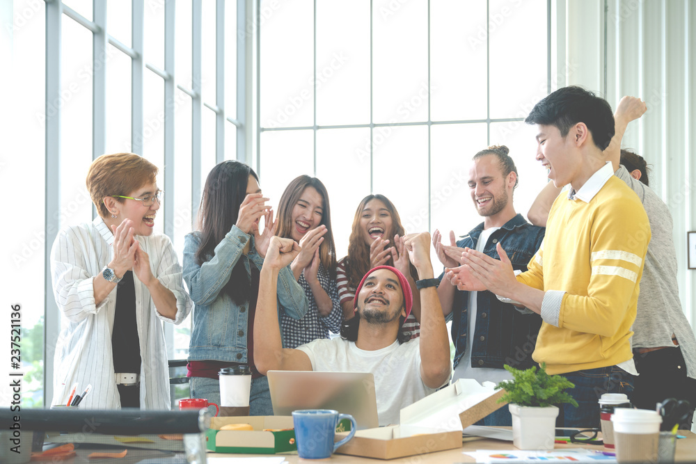 Multiethnic diverse asian college group celebrate win success with team ...