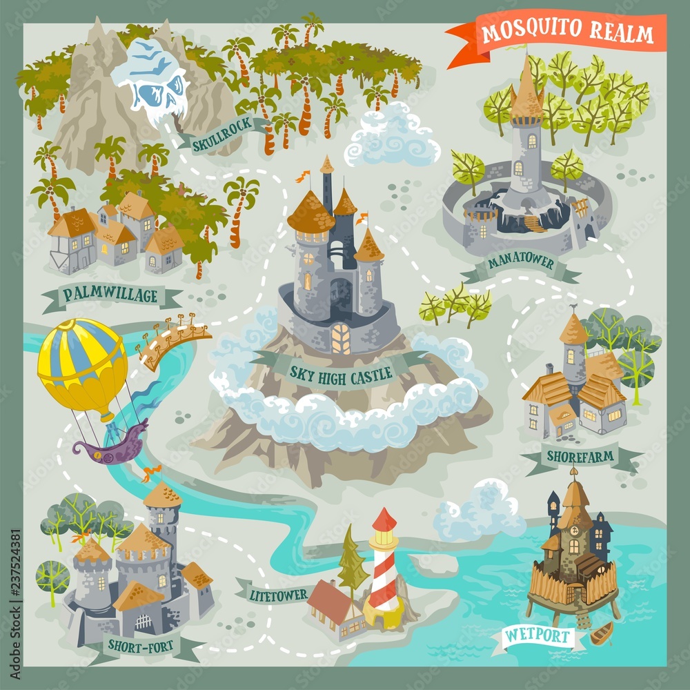 Fantasy land adventure map for cartography with colorful doodle hand ...