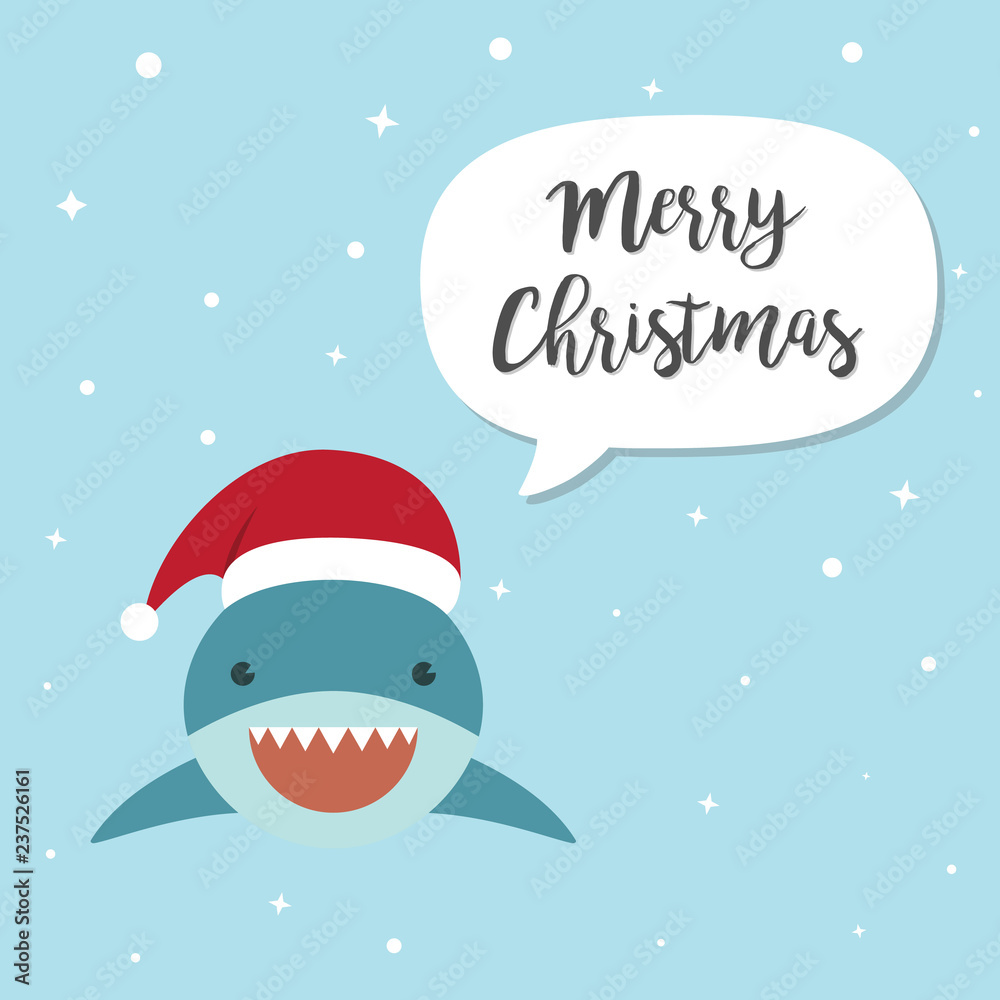 Shark cartoon character. A Cute shark wearing Santa Claus hat standing ...