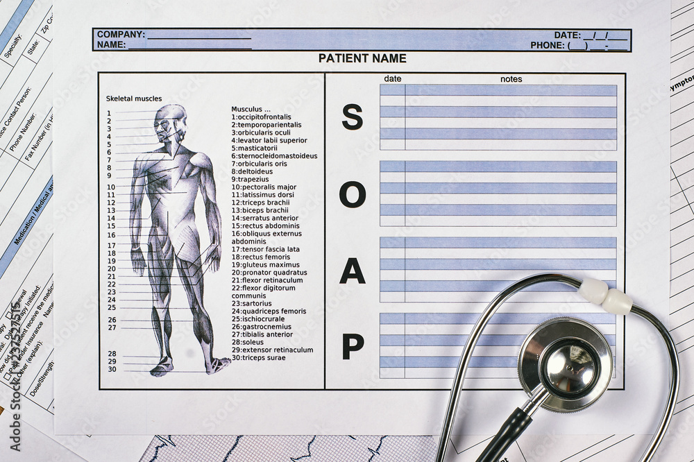 Patient SOAP note sheet, stethoscope on light background. Flat lay ...