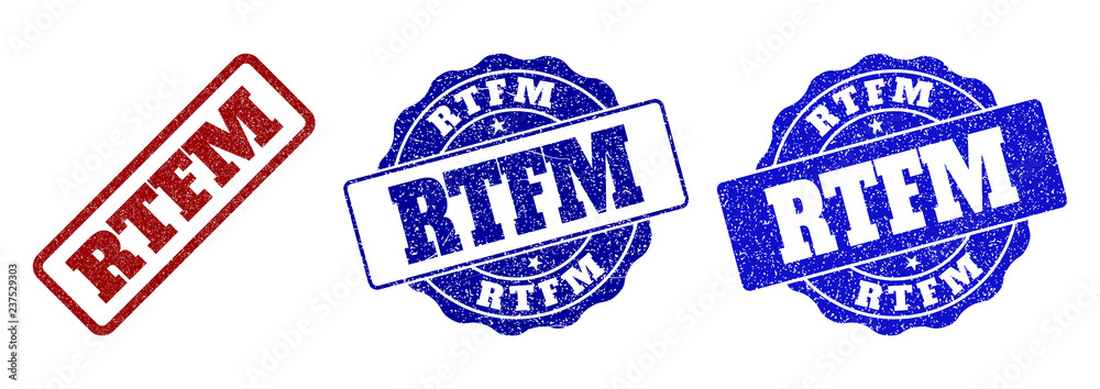 RTFM scratched stamp seals in red and blue colors. Vector RTFM signs ...