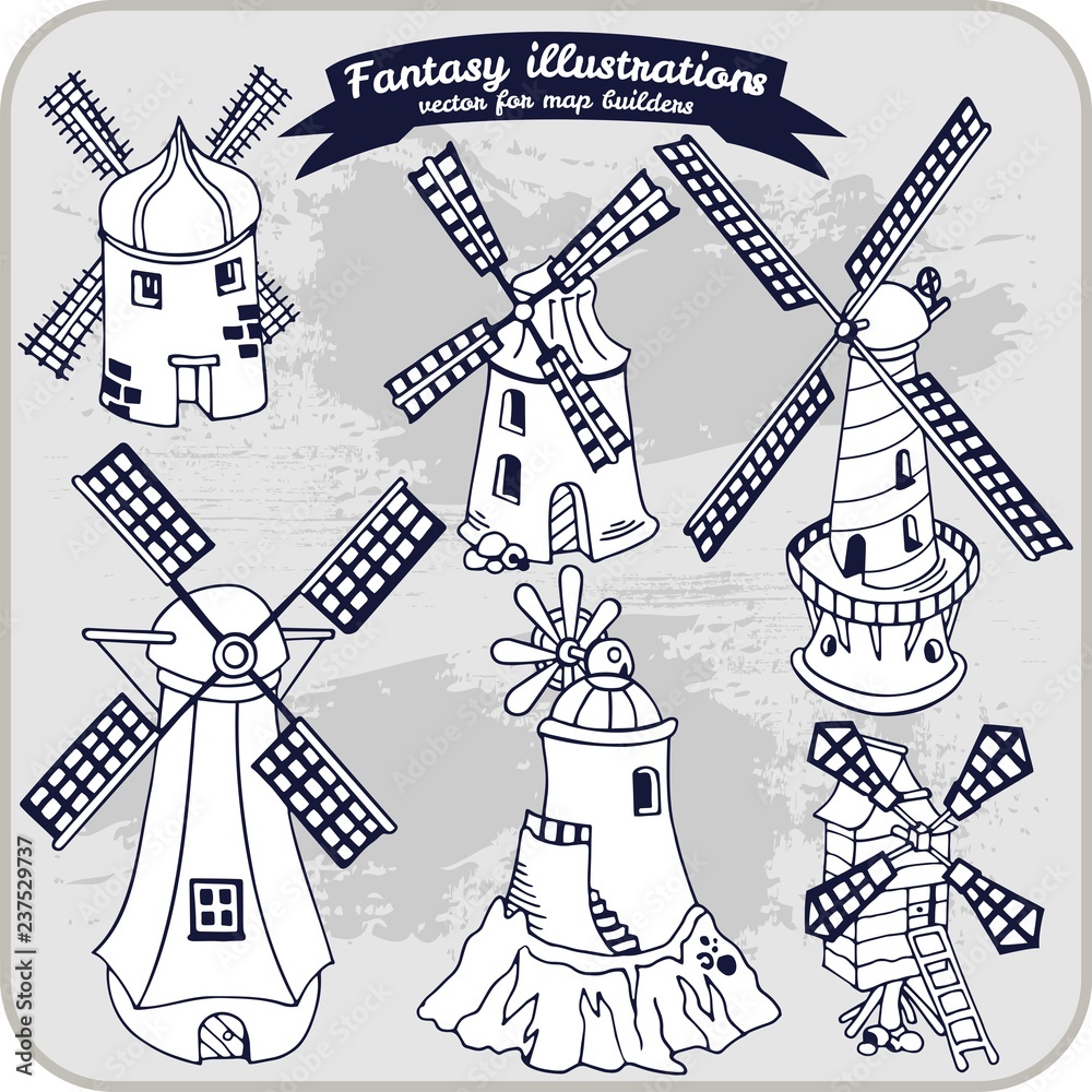 Fantasy illustration of Windmill for map building in hand draw vector ...