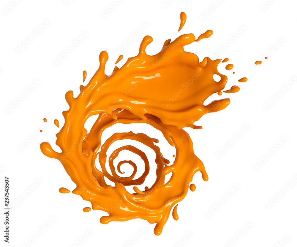 Liquid spinning twisted yellow orange juice splash isolated on white ...