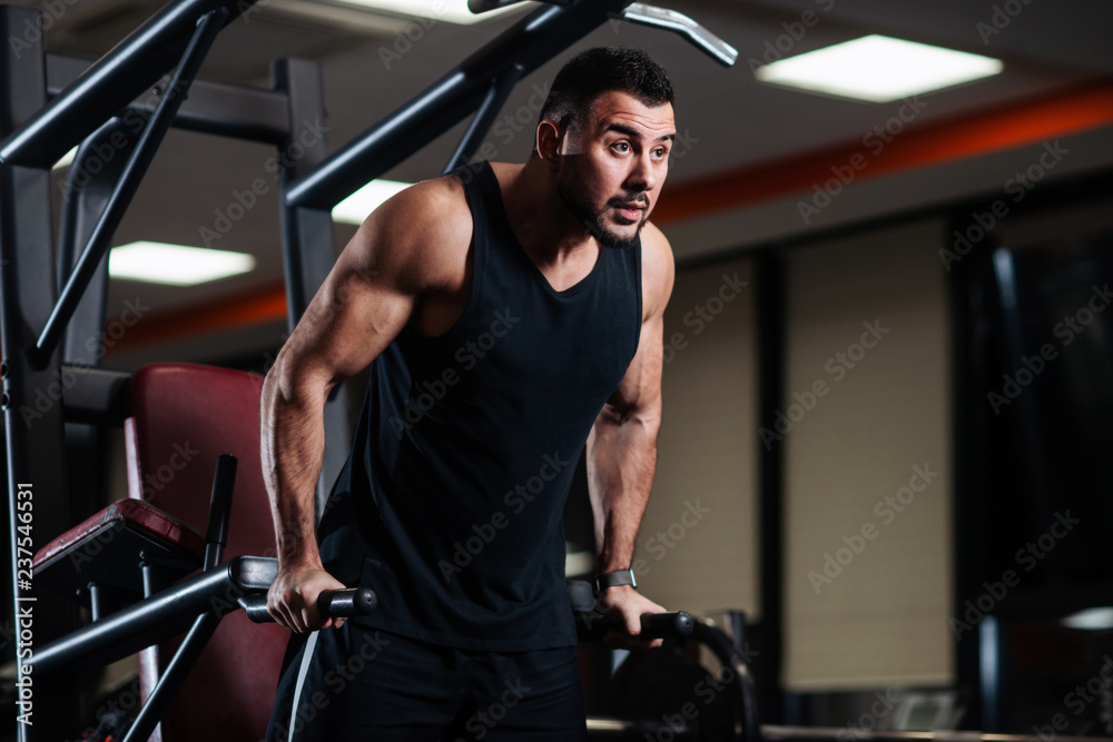 Muscular man during a workout at the gym trains the triceps on the ...
