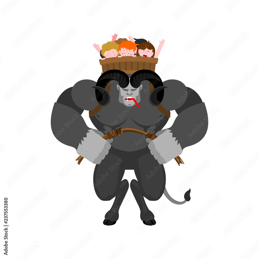 Krampus and children. Anti Santa Claus for bad kids. Scary horned ...