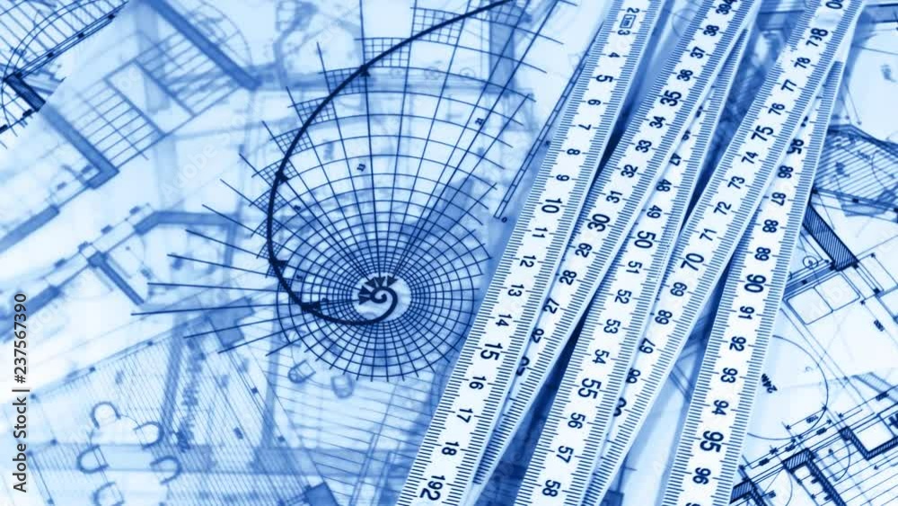 Blueprints - architectural drawings, yardstick - folding ruler and ...