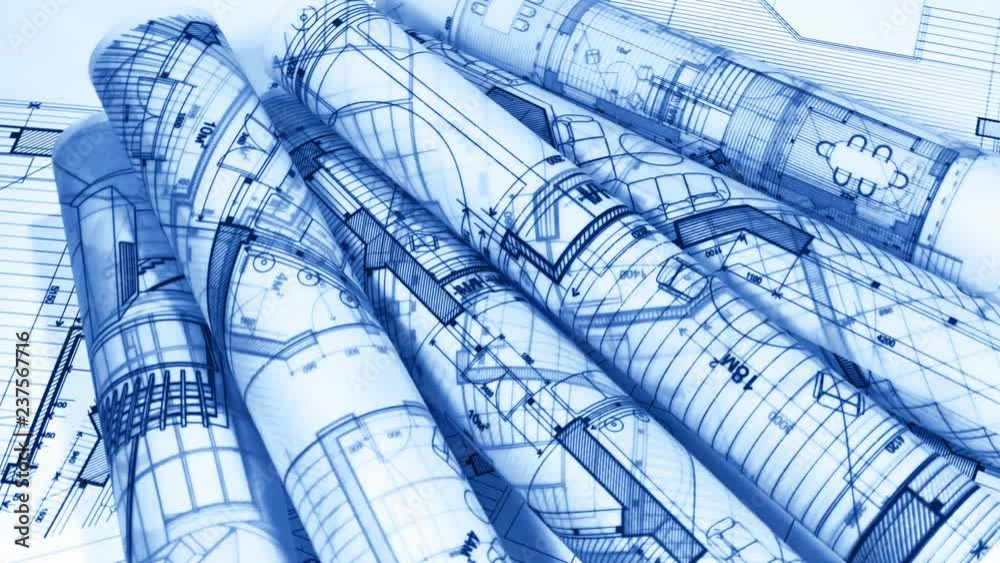 Blueprints - rolls of architectural drawings smoothly rotate on the ...