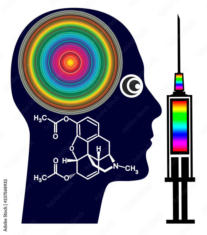 The effects of heroin use. Man is feeling a surge of euphoria as soon ...