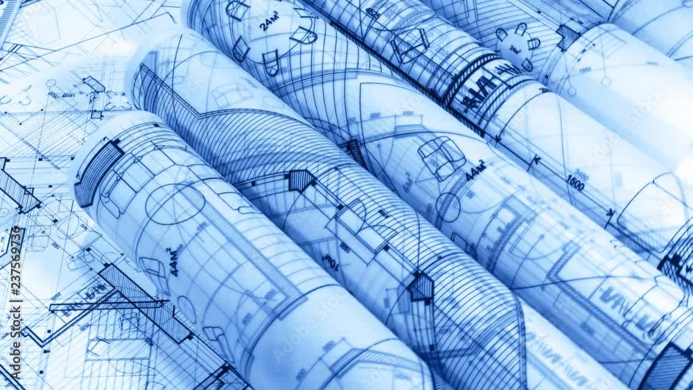 Blueprints - rolls of architectural drawings smoothly rotate on the ...