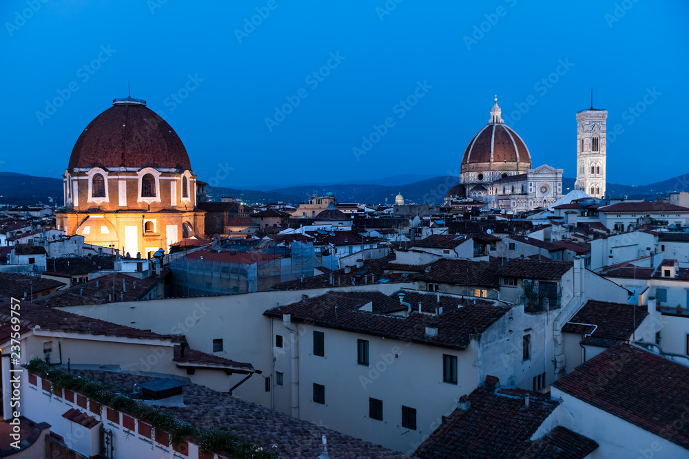 Cityscape, skyline aerial view of Firenze, Italy, at night, twilight ...