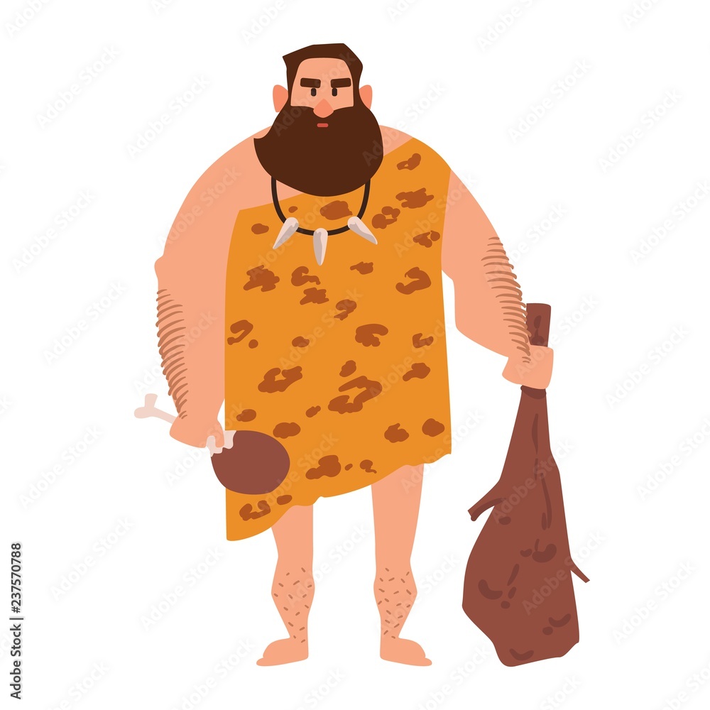 Primitive archaic man dressed in clothes made of animal skin and ...