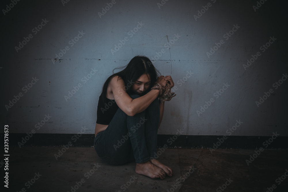 Asian hostage woman Bound with rope at night scene,The thieves kidnapped for ransom,thailand ...