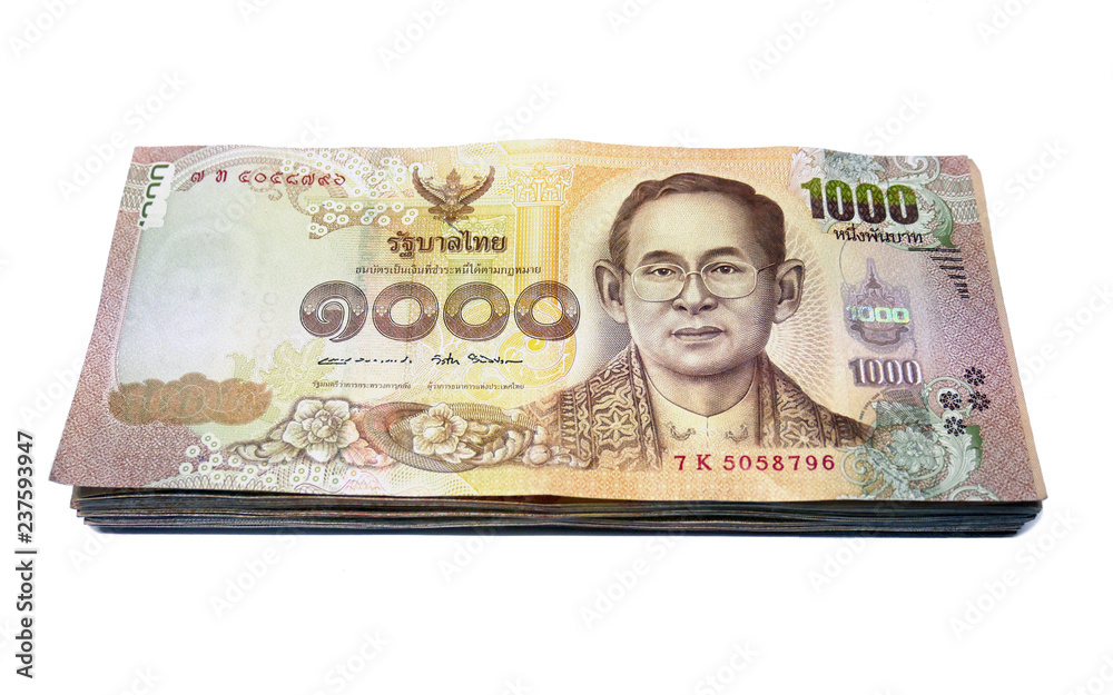 One thousand baht banknotes put on the isolated white background that ...