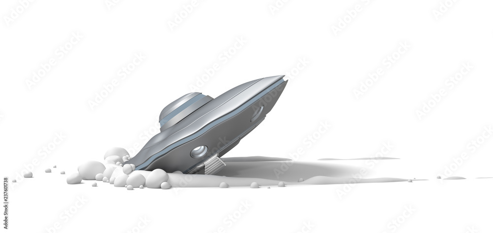 3d rendering of silver metal ufo crash landing isolated on white ...