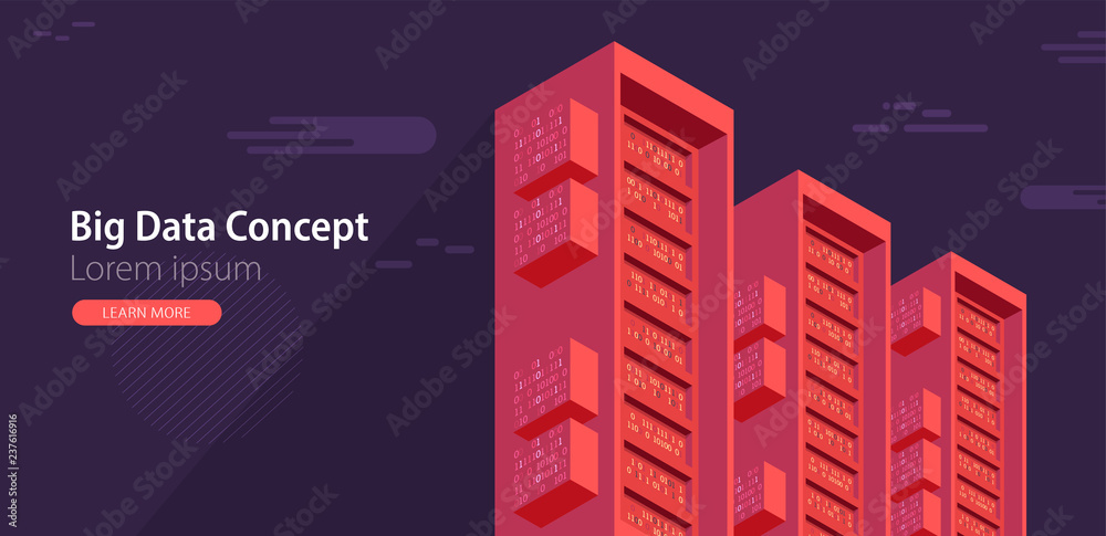 Isometric cartoon technology background. Big data concept. Binary ...