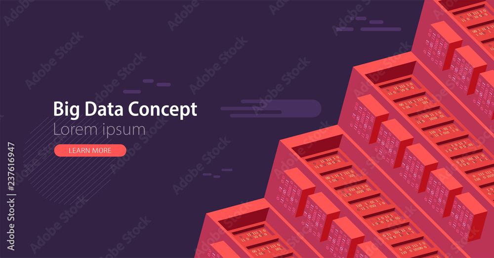 Isometric cartoon technology background. Big data concept. Binary ...