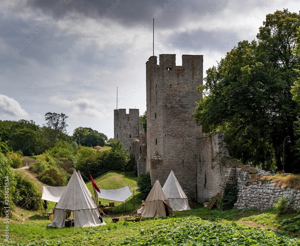 Tent camp, medieval week, medieval city wall with defensive towers ...