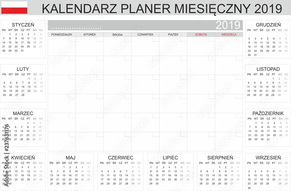 Polish Calendar 2019, Kalendarz polski 2019, monthly planning, Polish ...