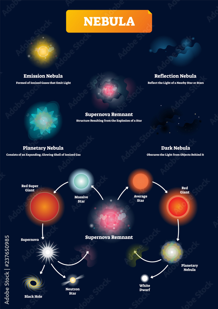 Nebula vector illustration. Labeled cosmic gas phenomena explanation ...
