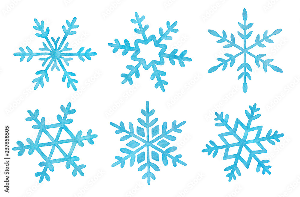 Collection of six different watercolor snowflakes. Blue color and ...