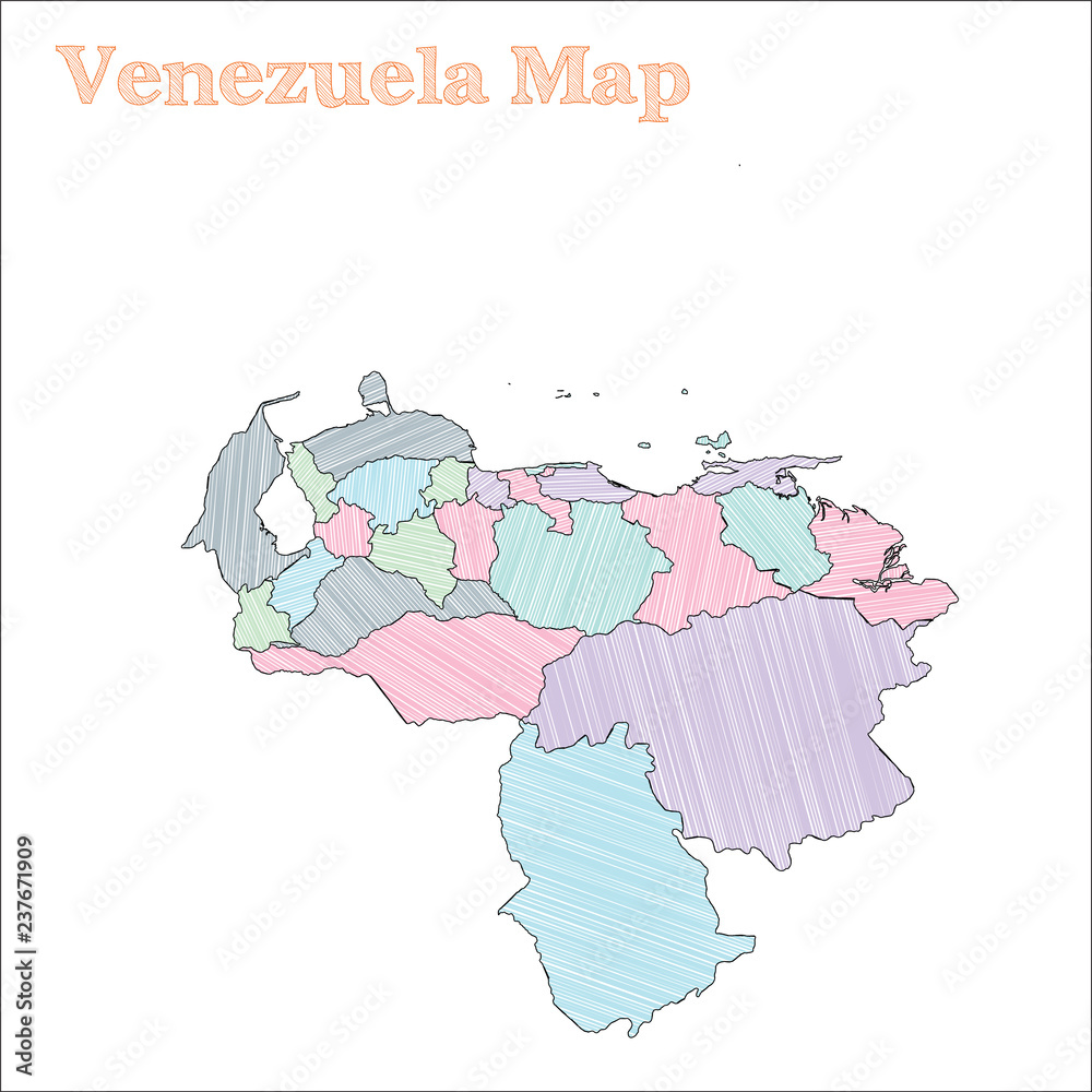Venezuela hand-drawn map. Colourful sketchy country outline. Extra ...