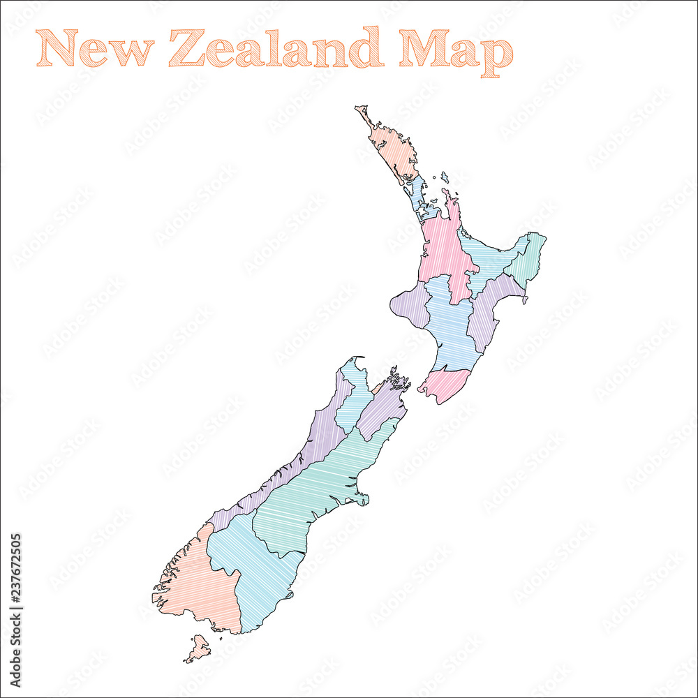 New Zealand hand-drawn map. Colourful sketchy country outline. Valuable ...