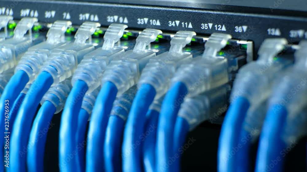 Network cable connecting on Network gigabit switch and LED port status ...