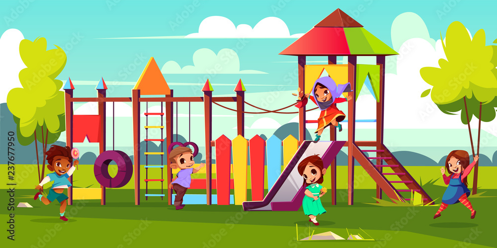 Vektorová grafika „Children playground cartoon vector illustration with ...