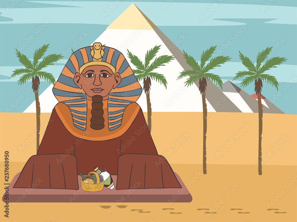 great sphinx at pyramid background cartoon front view Stock Vector ...