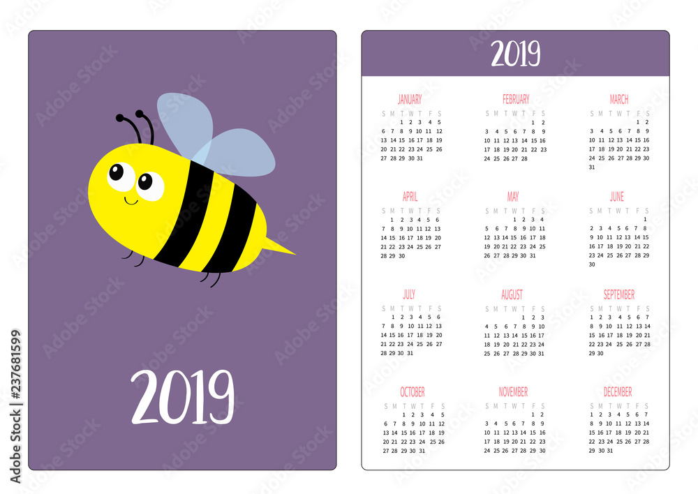 Flying bee insect. Simple pocket calendar layout 2019 new year. Week ...