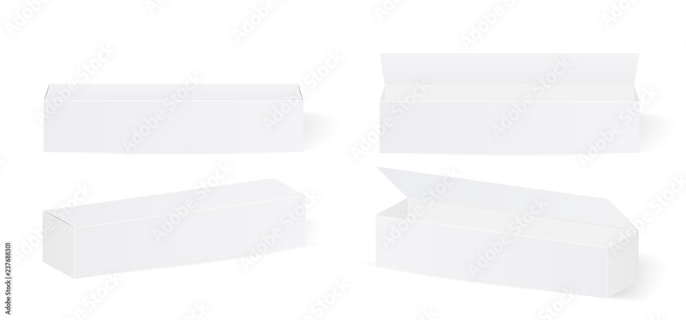 Set of long white cardboard boxes isolated on white background. Set of ...