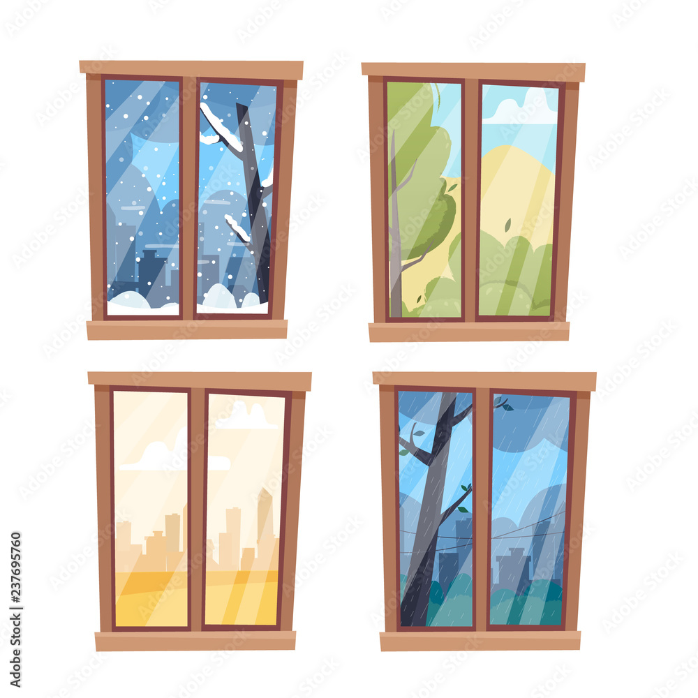 Windows with seasons and weather landscapes. Flat cartoon style Stock ...