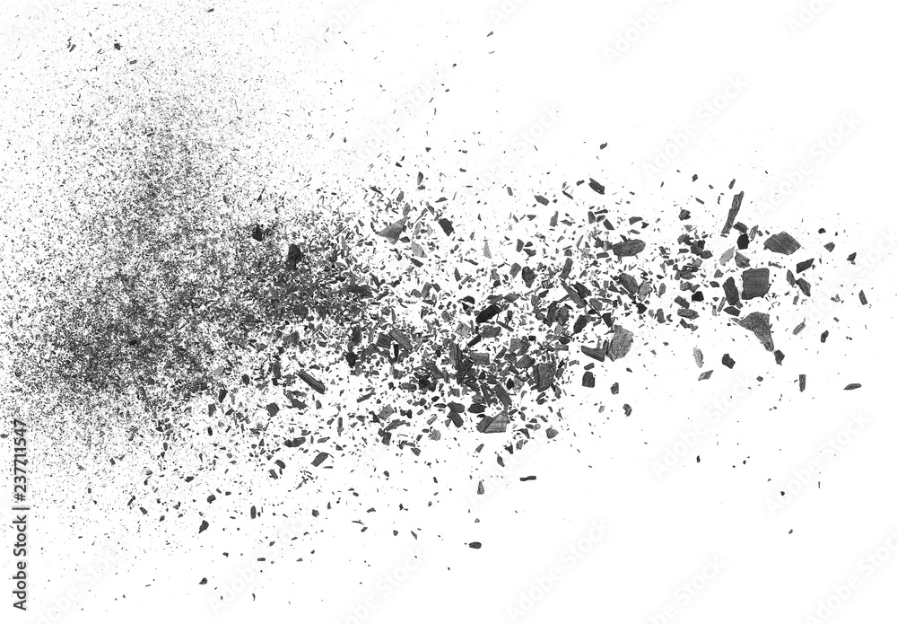Black charcoal dust, gunpowder explosion isolated on white background ...