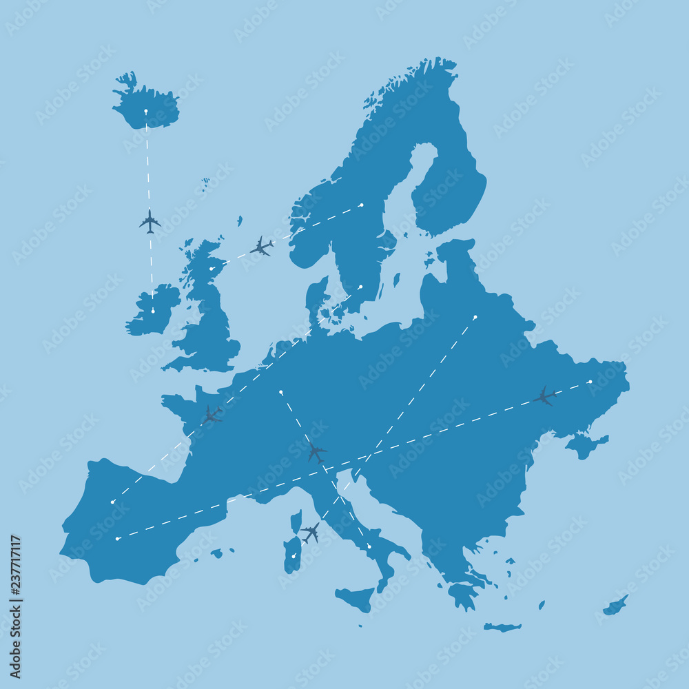 Airplanes flying over europe map. European route map. Air travel and ...