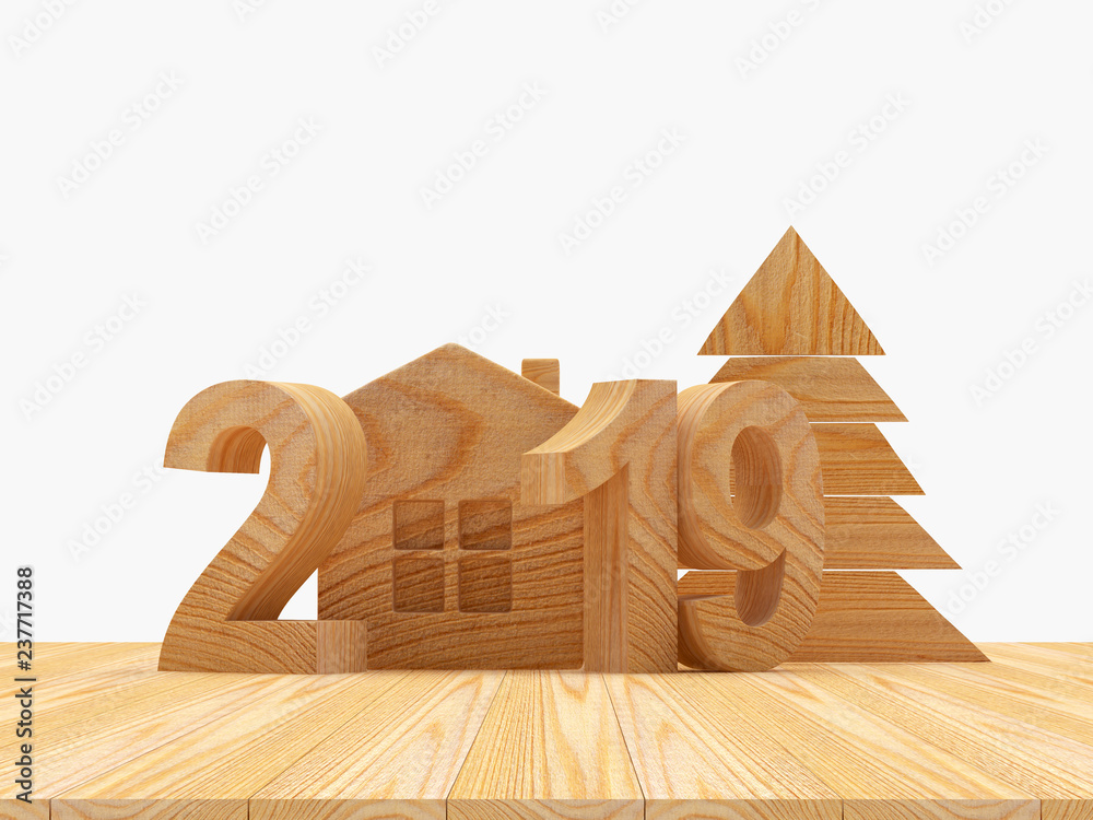 Wooden numbers 2019 New Year and house icon on wooden floor on white ...
