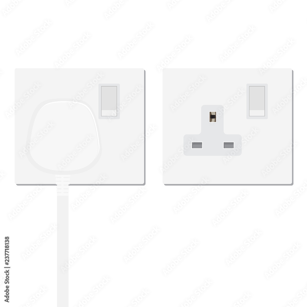Realistic white plug inserted in electrical outlet and power socket ...