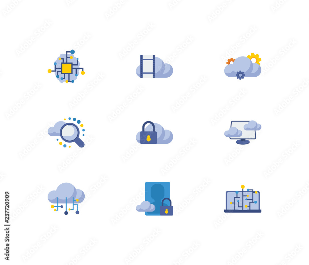 Cloud technology icons set. Secure account and cloud technology icons ...