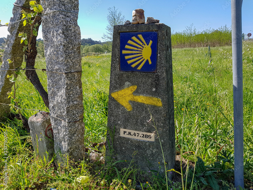 Sign with yellow scallop shell signing the way to Santiago de ...