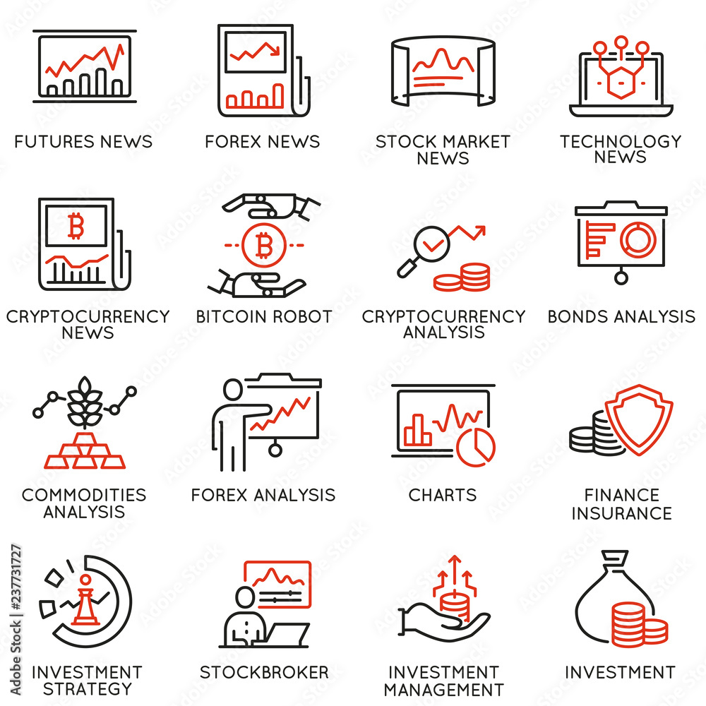 Vector set of linear icons related to trade service, investment ...