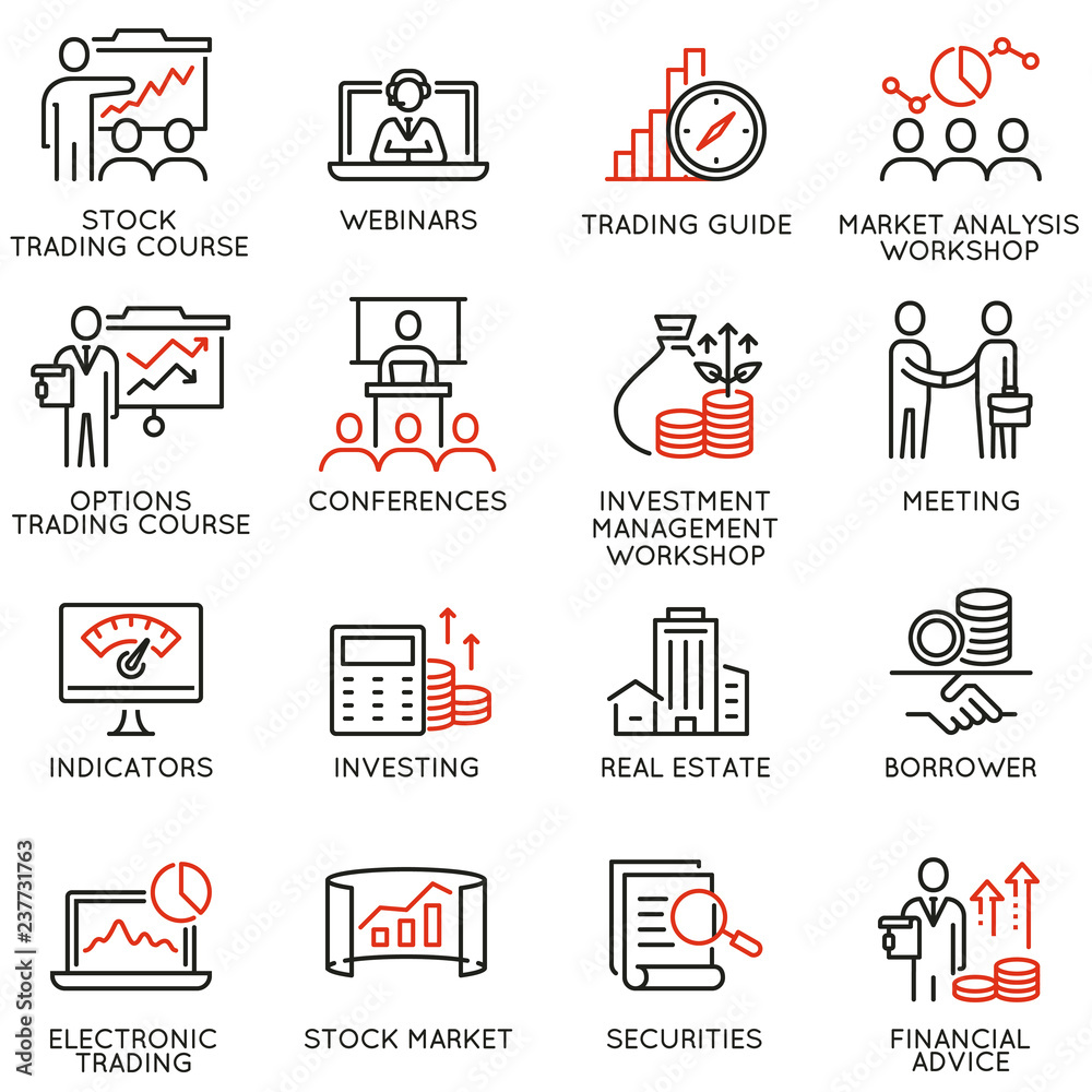 Vector set of linear icons related to trade service, investment ...