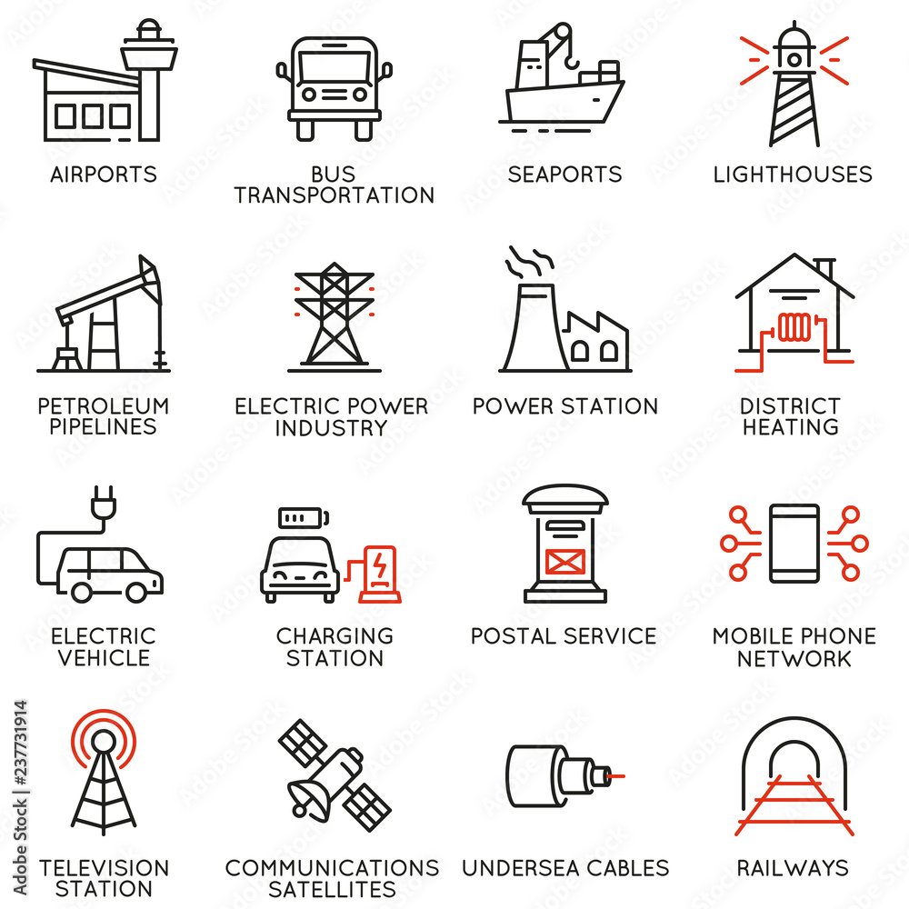 Vector set of thin linear 16 icons related to facility management ...
