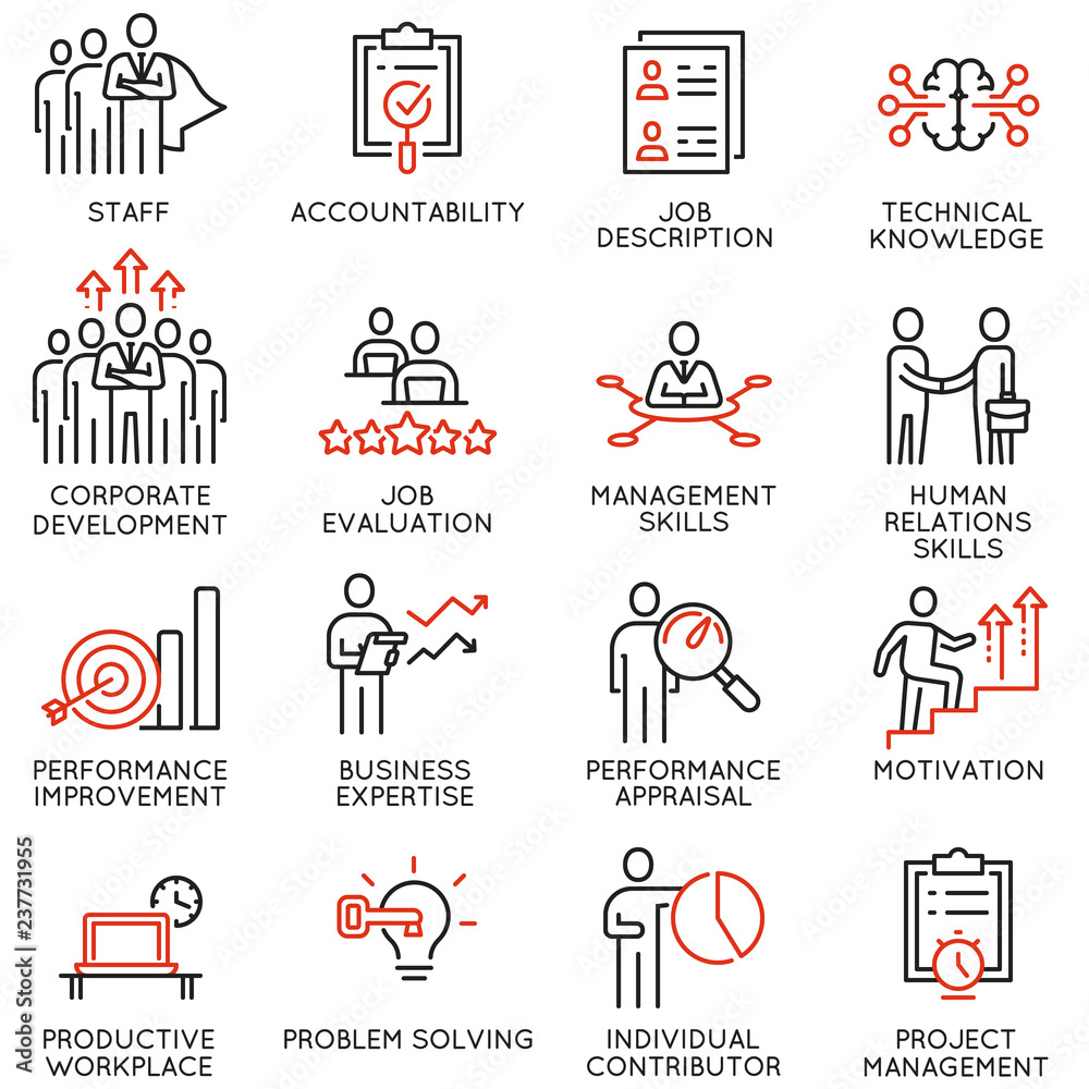 Vector set of linear icons related to business process, relationship ...