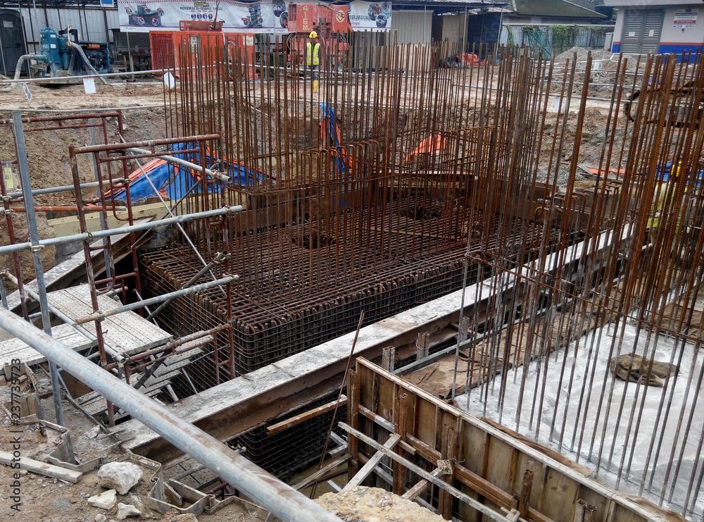 Pile cap reinforcement bar fabricated by construction workers at the ...