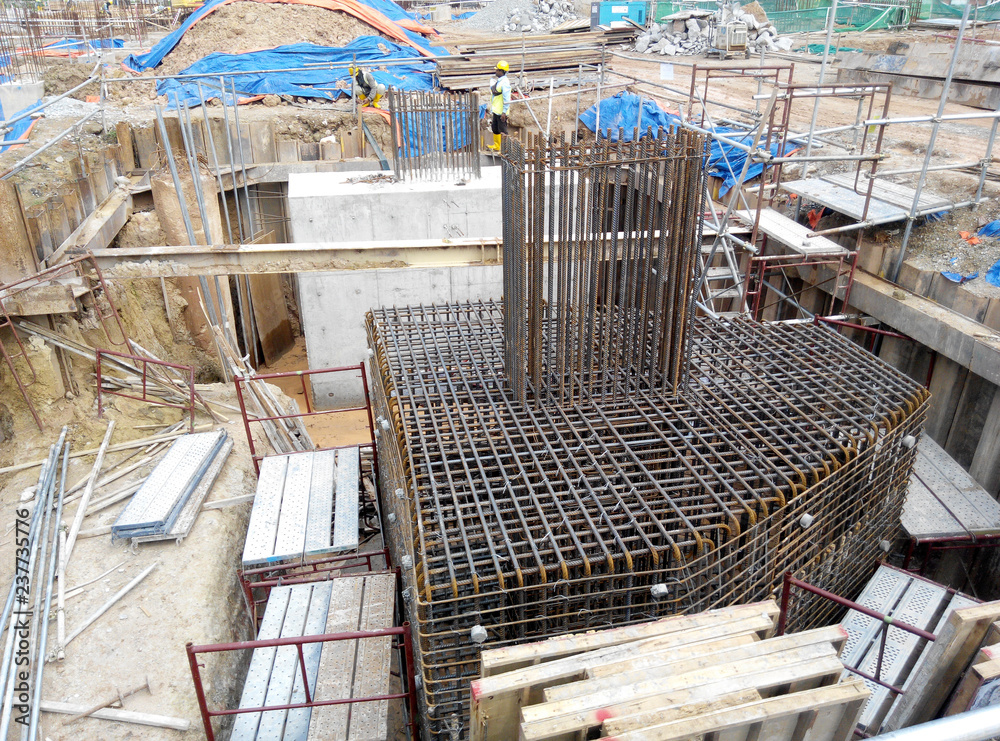 Pile cap reinforcement bar fabricated by construction workers at the ...