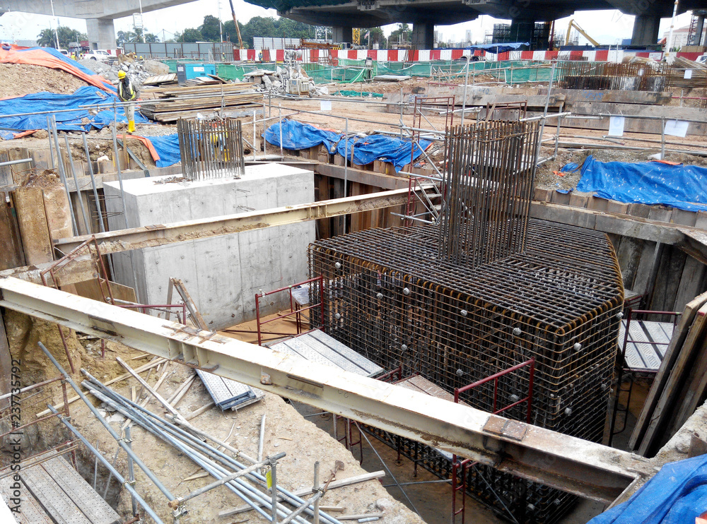 Pile cap reinforcement bar fabricated by construction workers at the ...