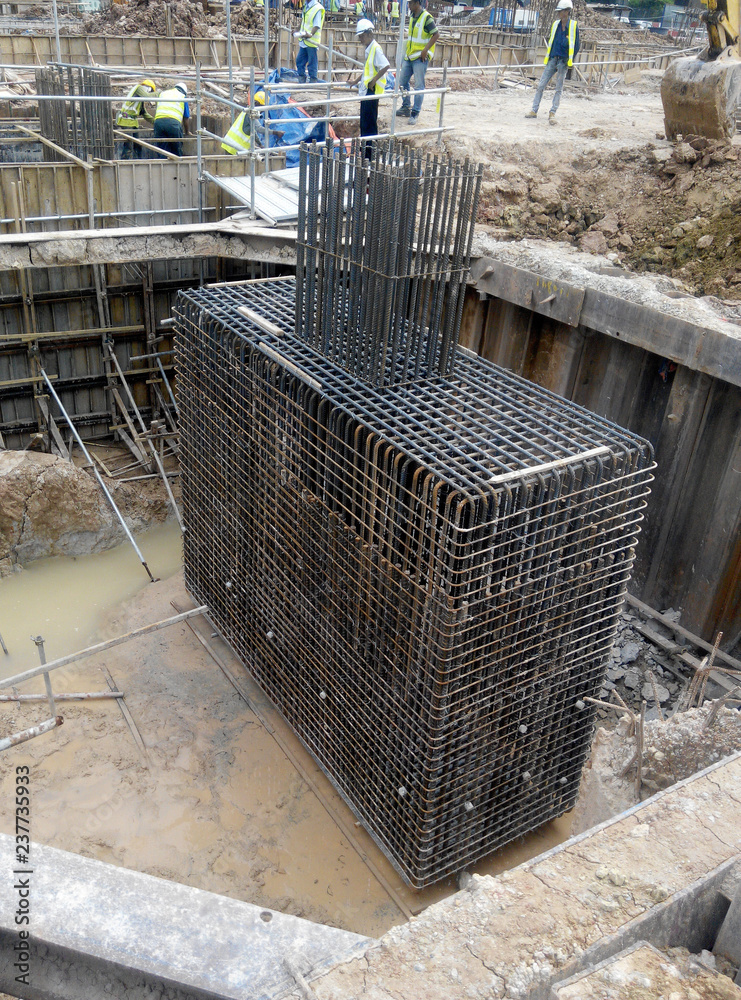 Pile cap reinforcement bar fabricated by construction workers at the ...