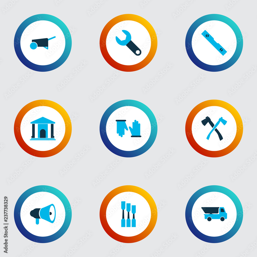 Construction icons colored set with truck, building cart, wrench and ...