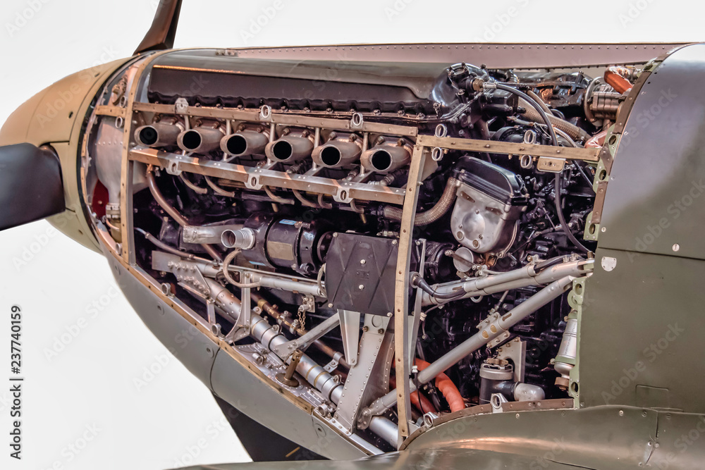 A close up detailed photograph of the Merlin fitted in a supermarine ...
