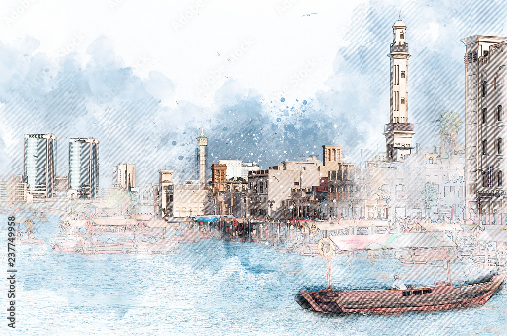 Architectural sketch about Dubai Creek, Dubai (UAE) Stock Illustration ...