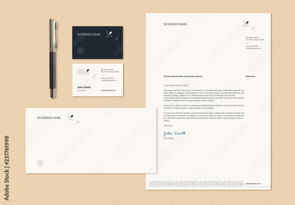 Stationery Set Layout with Thin Line Illustrations Stock Template ...
